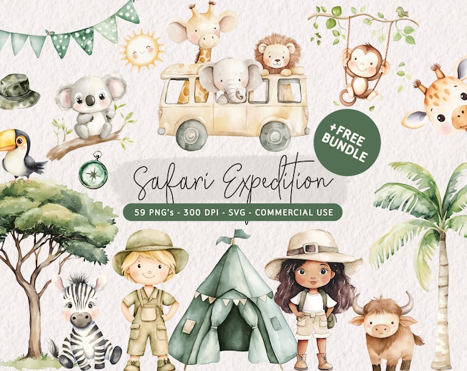 Cute Safari Animals Clipart, Jungle Animals PNG, Watercolor Africa Clip ...