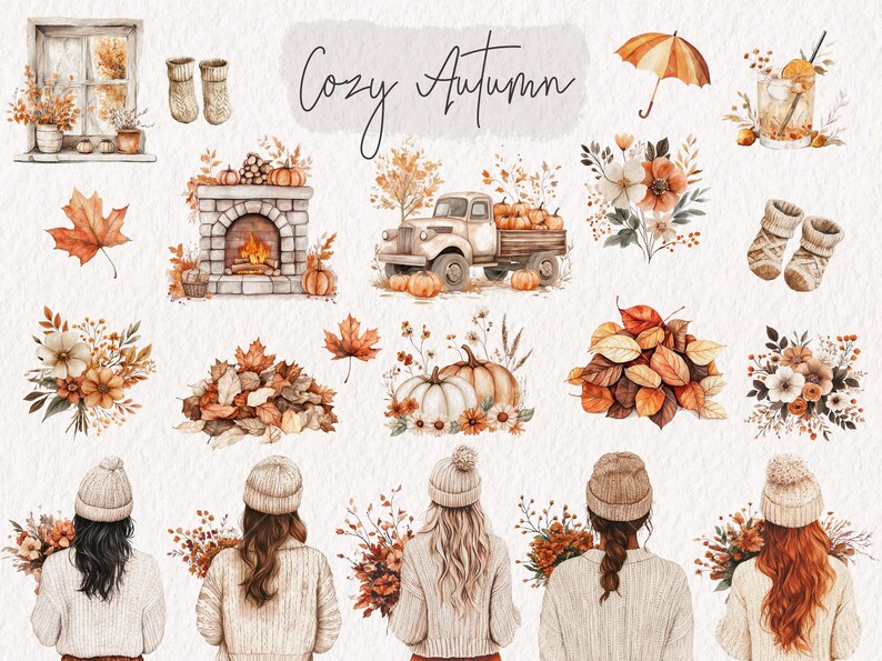 Watercolor Autumn Clipart Bundle, Cozy Autumn PNG, Fall Clip Art ...