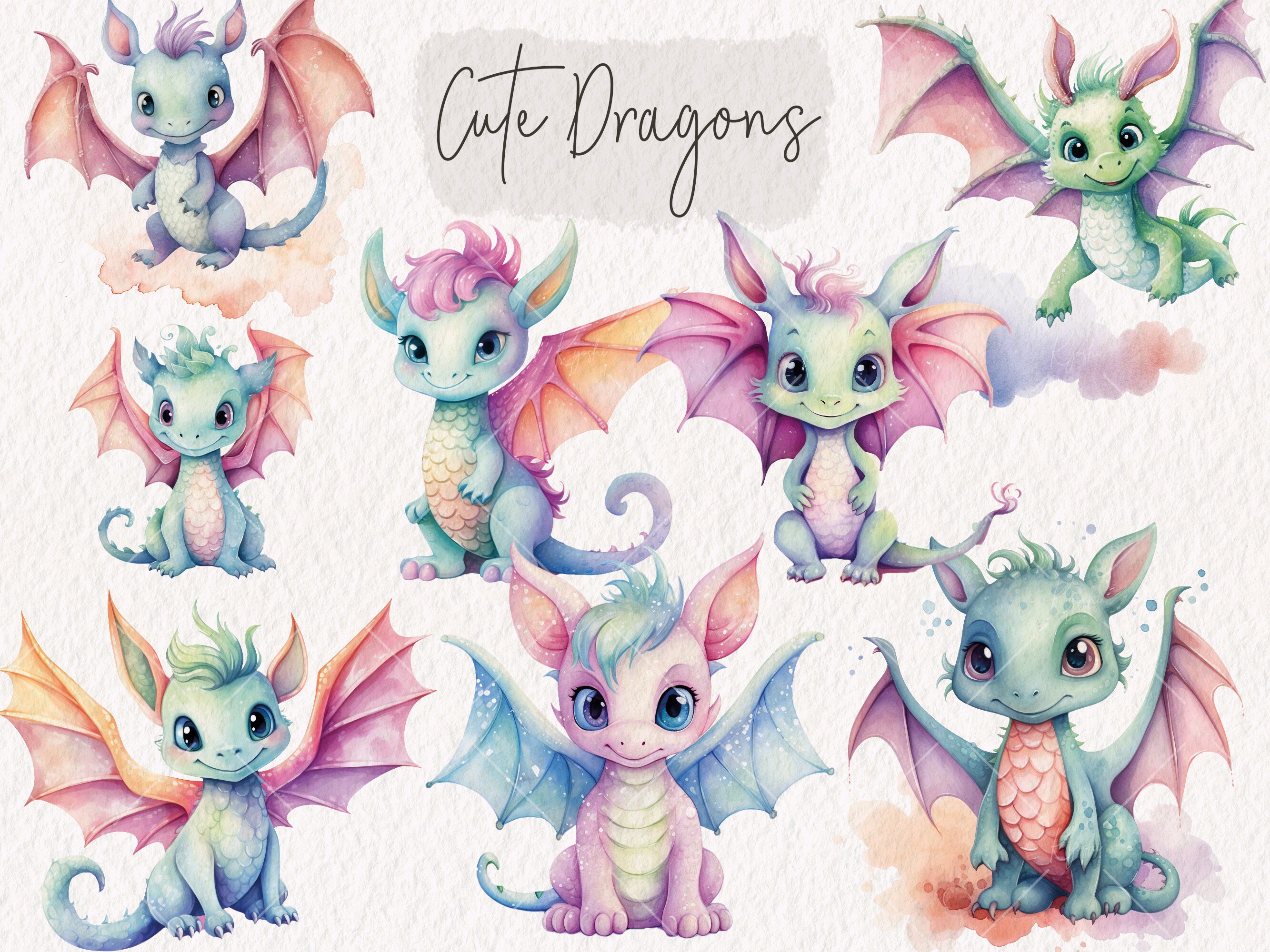 Watercolor Dragon Clipart Bundle, Pastel Dragon Clip Art Set, Fantasy ...