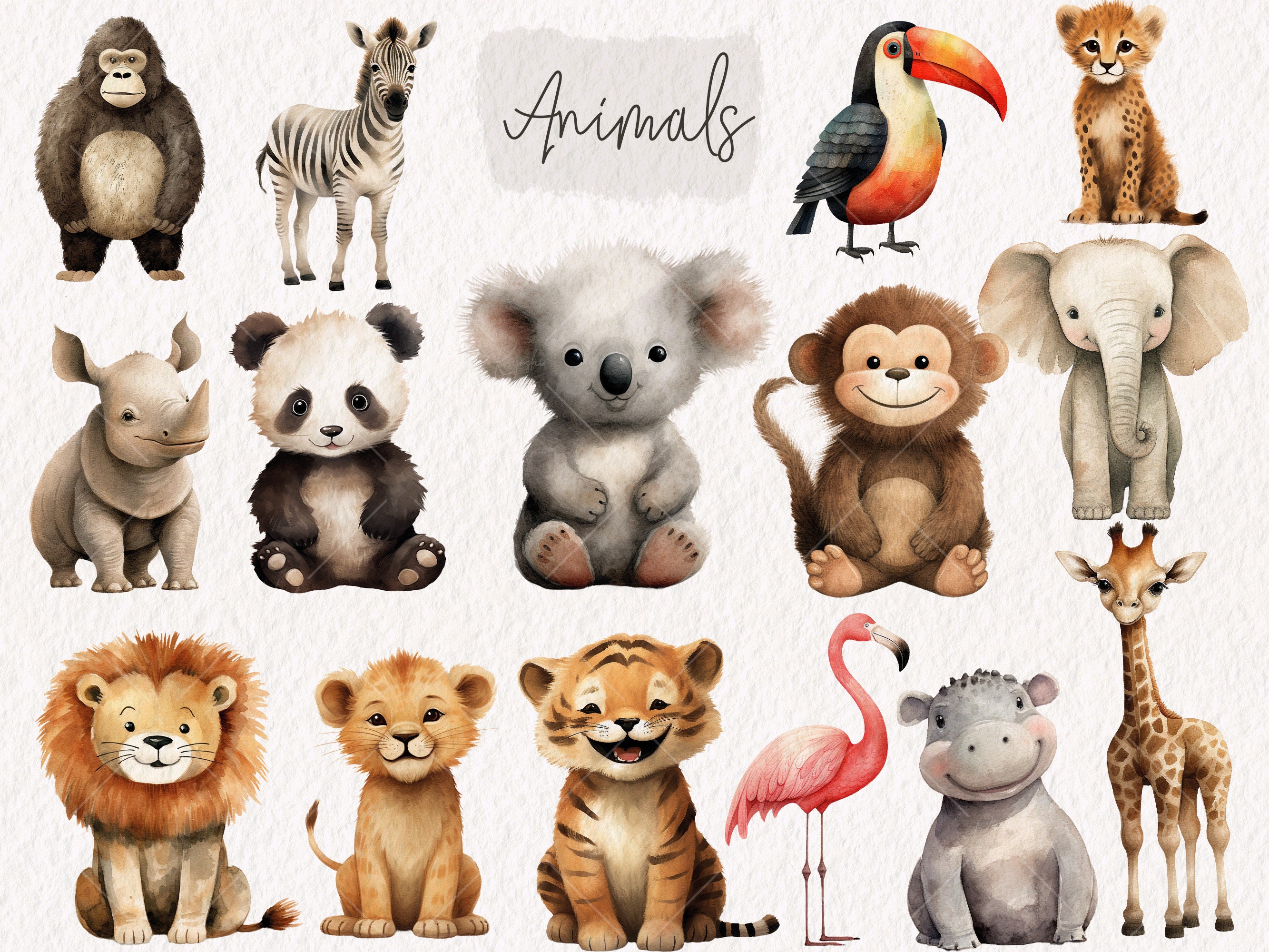 Baby Jungle Animals Clipart, Watercolor Jungle Clip Art Bundle, Jungle ...