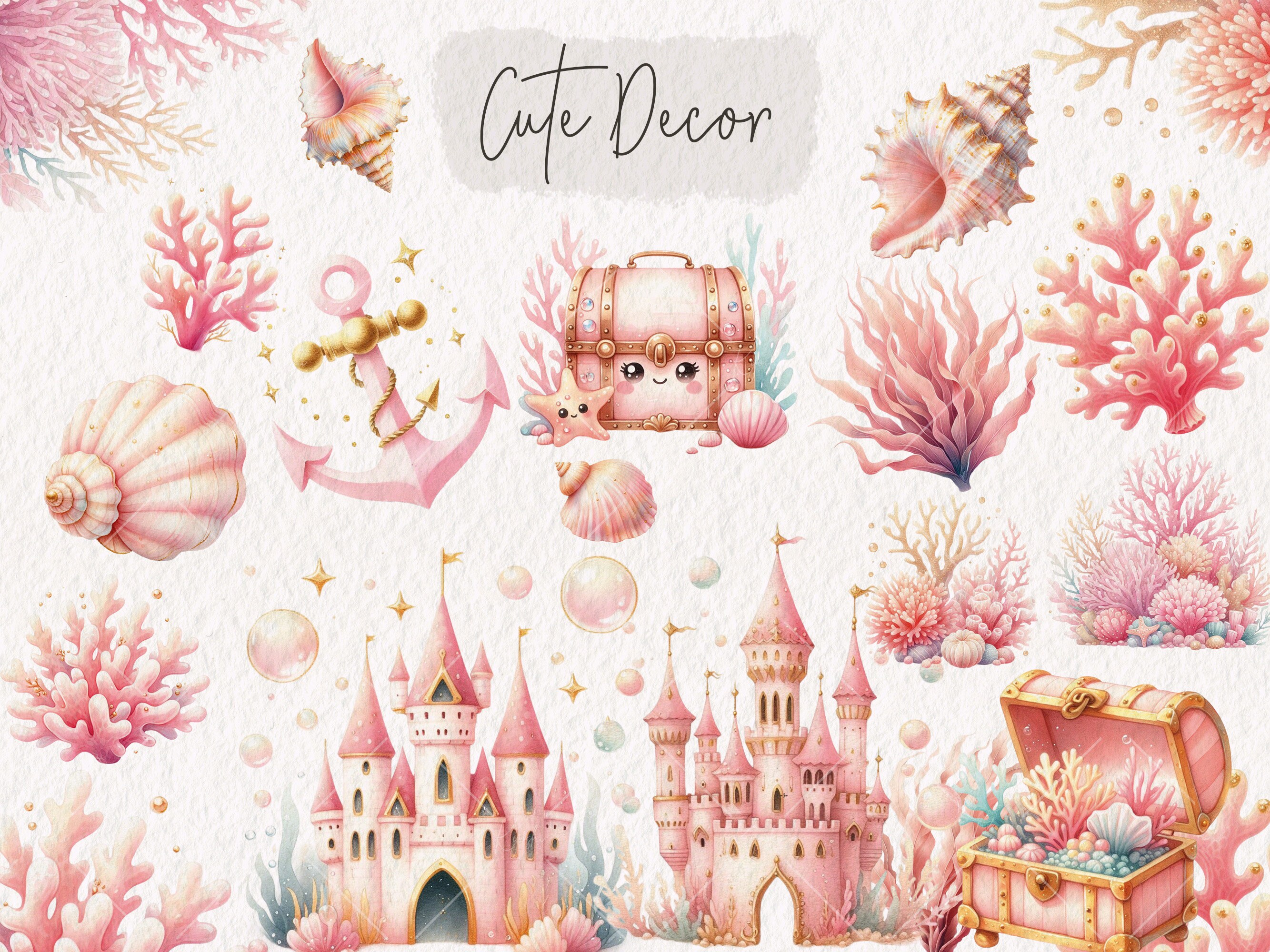 Watercolor Mermaid Clipart Bundle, Pink Mermaid Clip Art Set, Cute ...