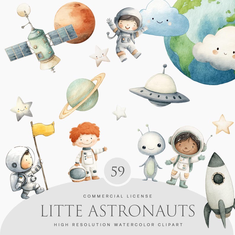 Watercolor Space Clipart PNG, Cute Astronaut & Planets, Rocket ...