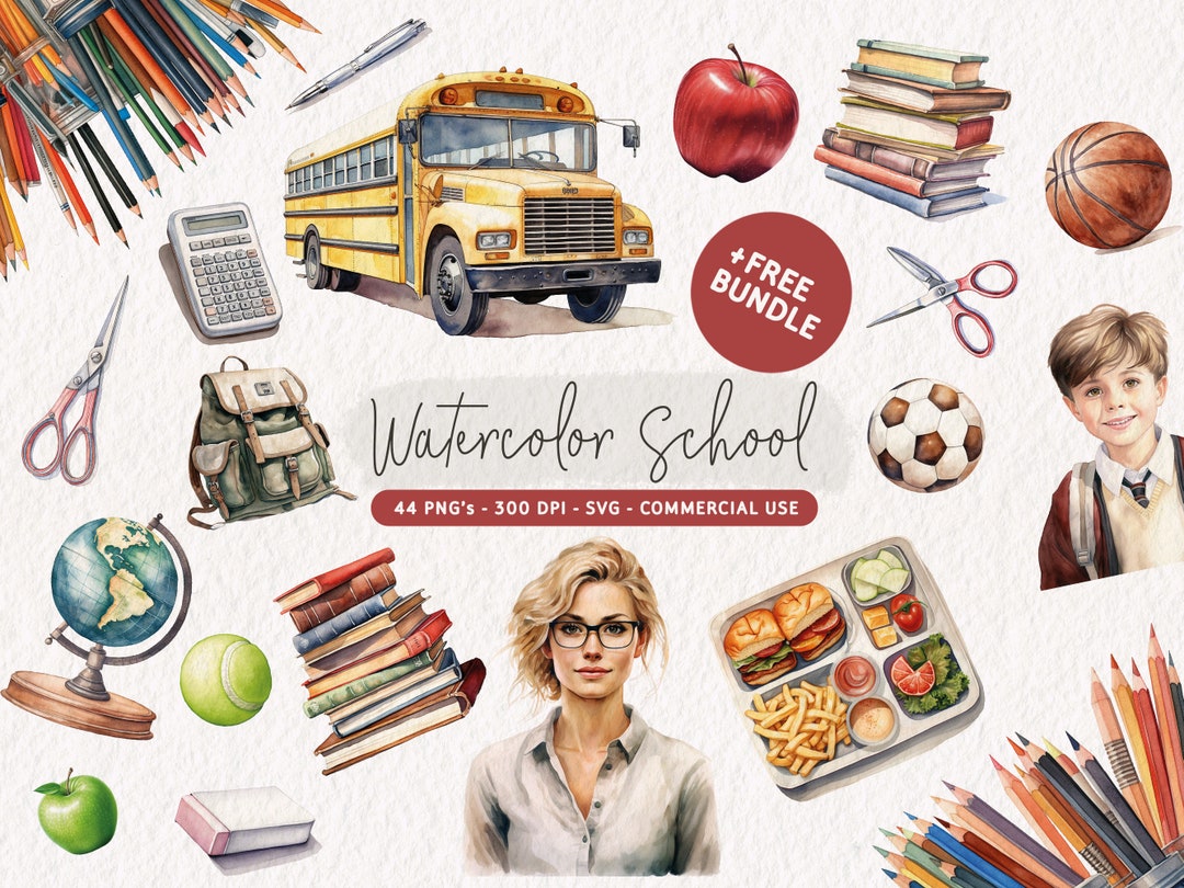 Watercolor Teacher Clipart Bundle, Cute School Clip Art Set, Education ...