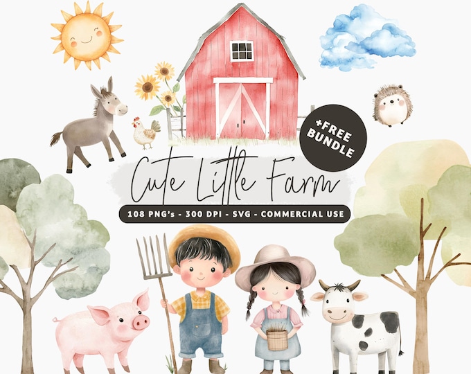Cute Little Farm Clipart, Watercolor Sweet Farm Clipart, Cottage ...