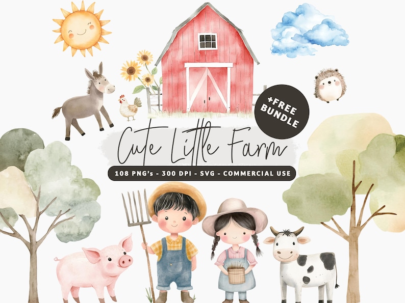 Cute Farm Clipart Bundle, Watercolor Farm Animal Clip Art, Baby Farm ...