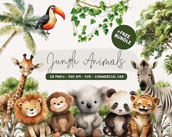 Cute Safari Animals Clipart, Jungle Animals PNG, Watercolor Africa Clip ...