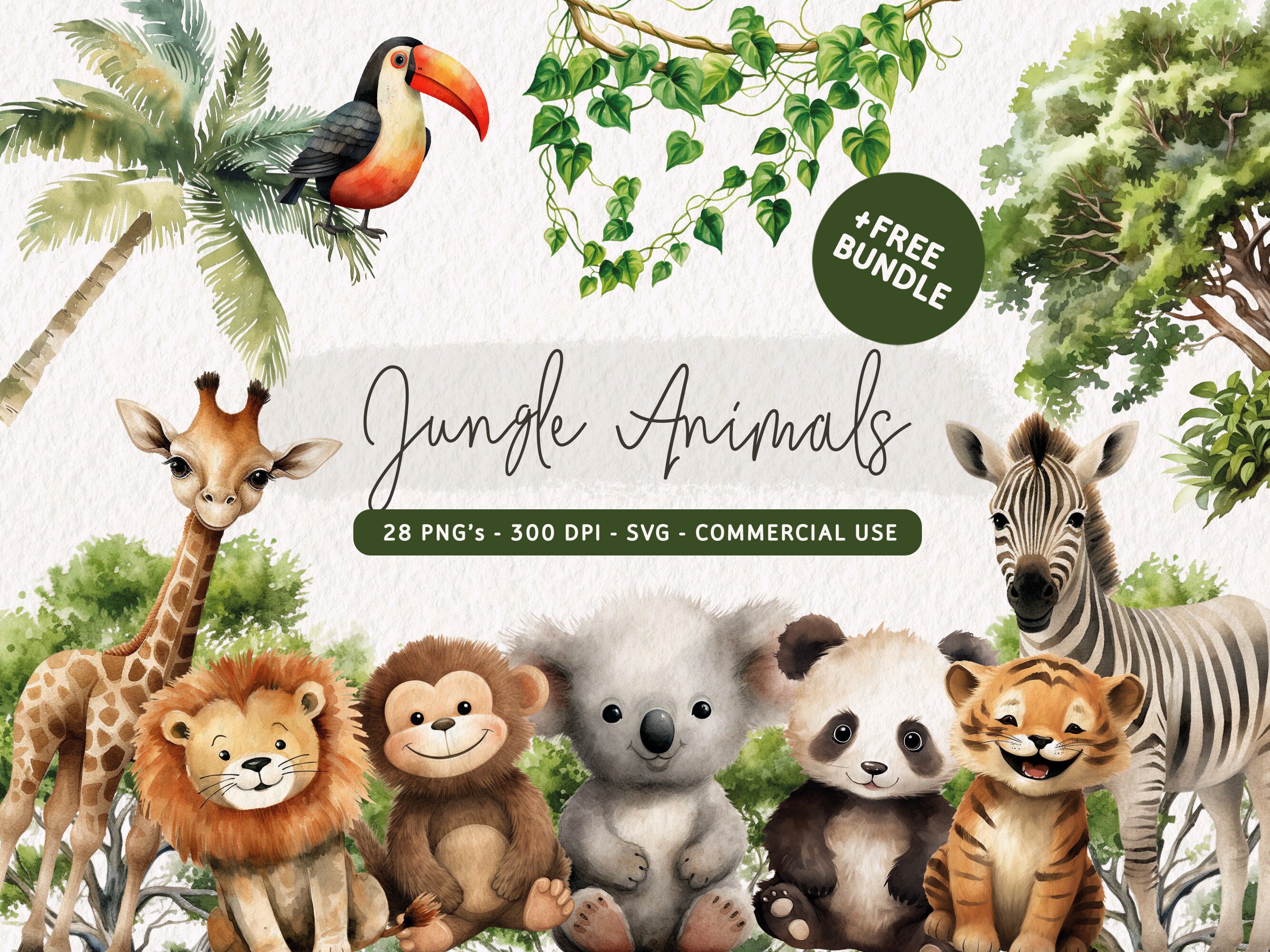 Baby Jungle Animals Clipart, Watercolor Jungle Clip Art Bundle, Jungle ...