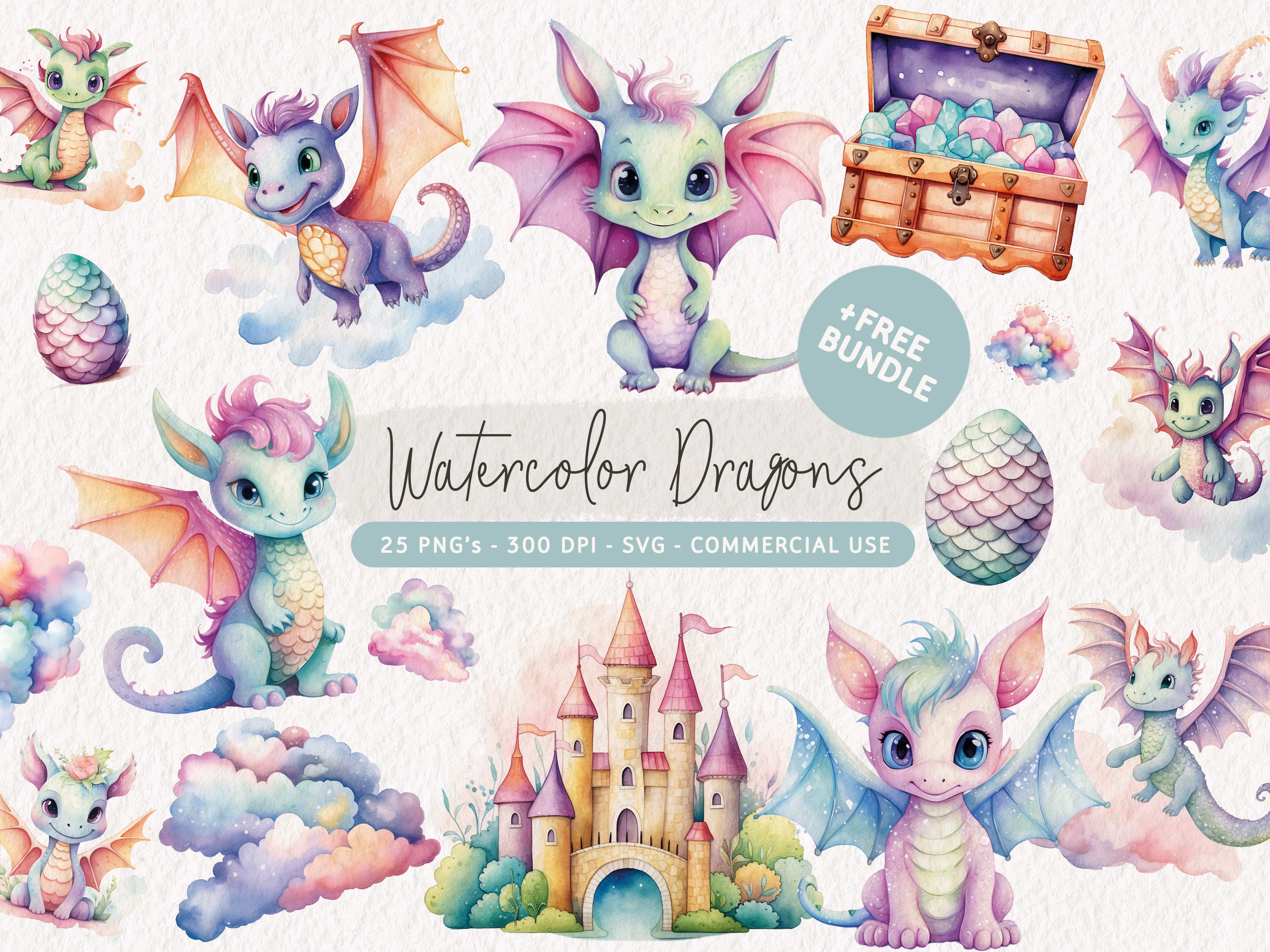 Watercolor Dragon Clipart Bundle, Pastel Dragon Clip Art Set, Fantasy ...