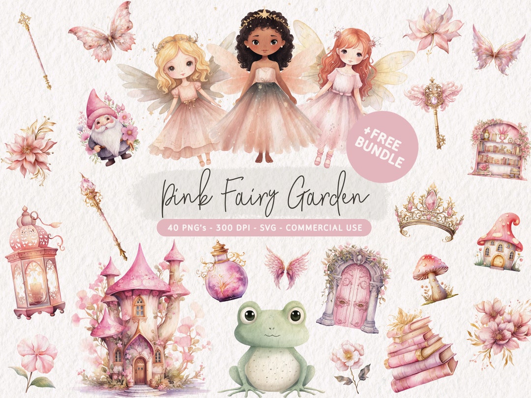 Pink Fairy Clipart Bundle, Watercolor Fairy Garden Clip Art, Cute Fairies PNG, Magical Fairy SVG ...