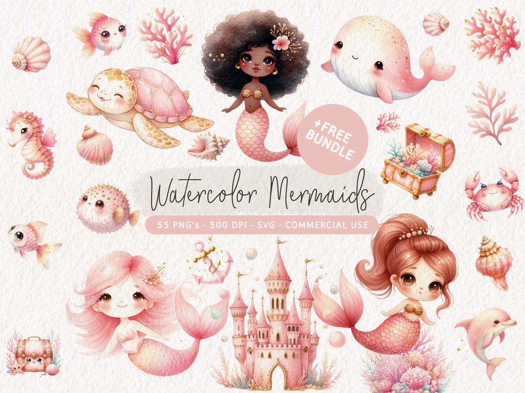 Watercolor Mermaid Clipart Bundle, Pink Mermaid Clip Art Set, Cute ...