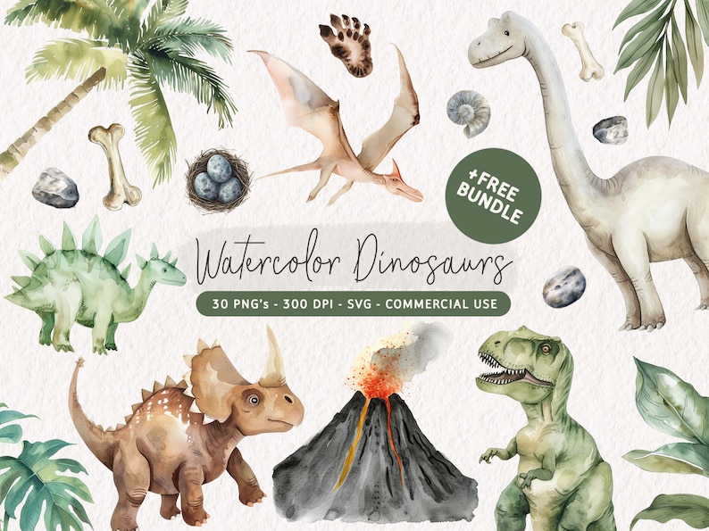 Watercolor Dinosaur Clipart Bundle, Cute Dino Clip Art, Dinosaur ...