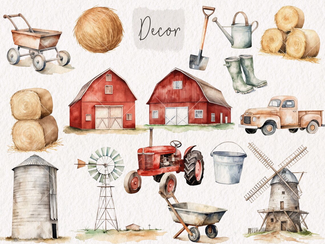 Watercolor Farm Clipart Bundle, Cute Farm Animals PNG, Farm PNG, Farm ...