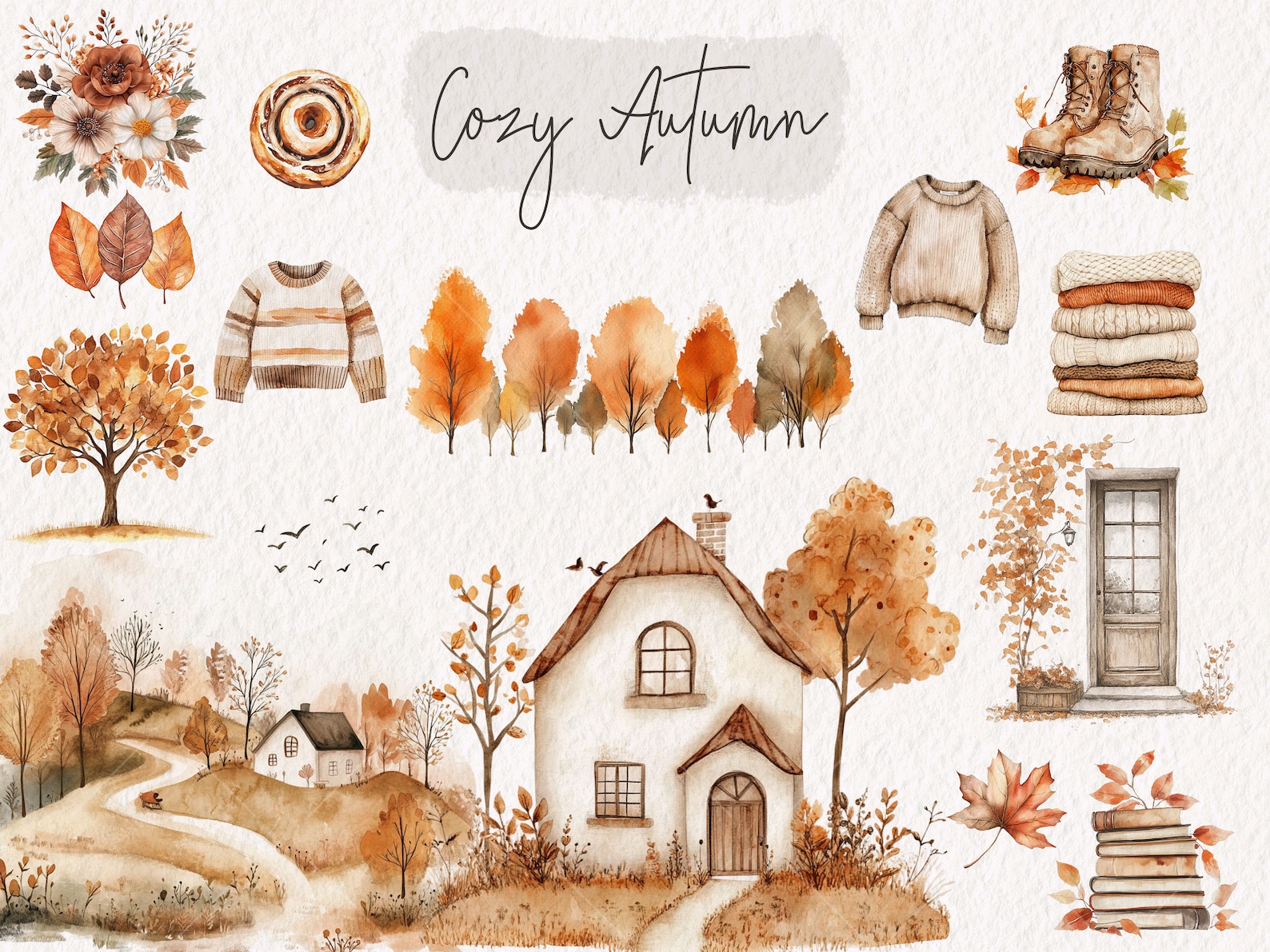 Watercolor Autumn Clipart Bundle, Cozy Autumn PNG, Fall Clip Art ...