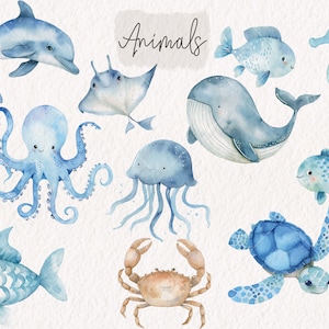 Watercolor Underwater Clipart Bundle, Cute Ocean Animals PNG, Undersea ...