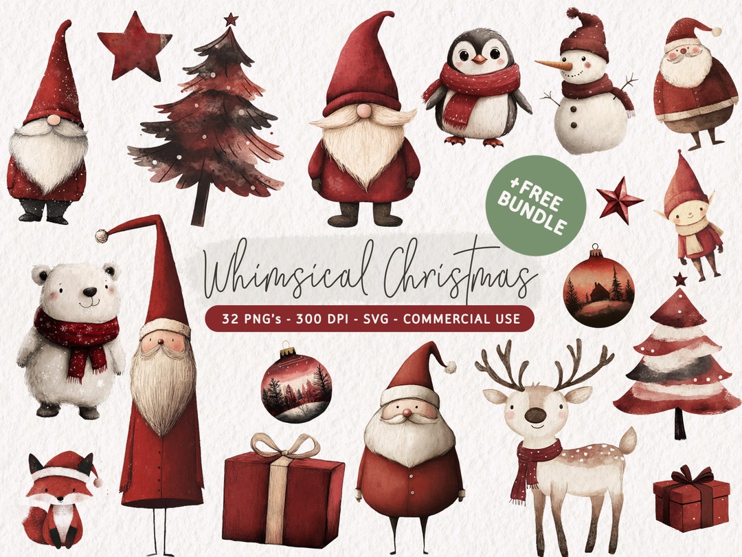 Watercolor Whimsical Christmas Clipart, Cute Christmas PNG, Santa SVG ...