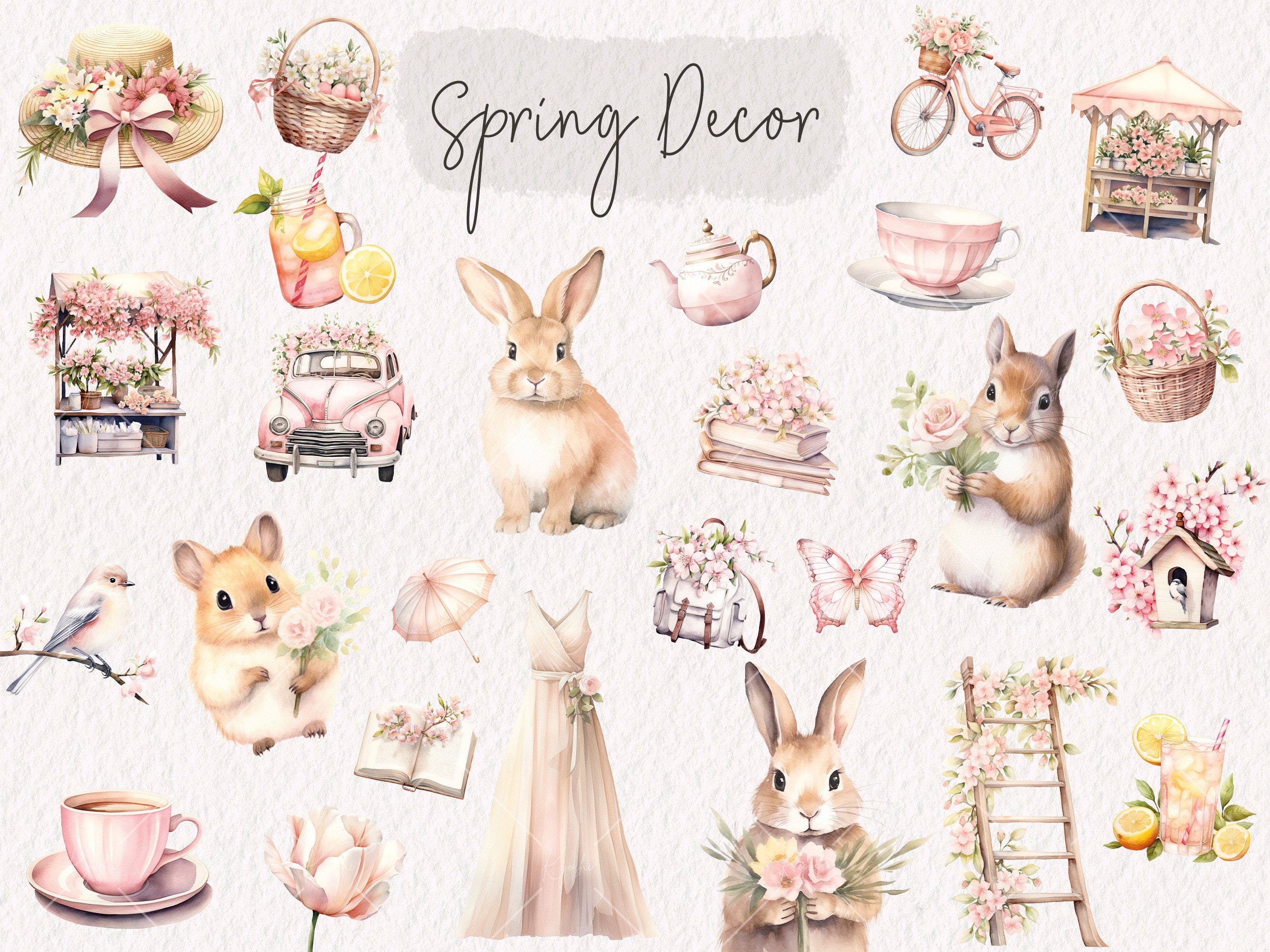 Pink Spring Clipart Bundle, Watercolor Spring Clip Art Set, Spring PNG ...
