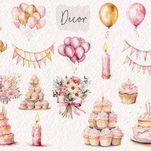 Pink Birthday Clipart Bundle, Watercolor Birthday Party Clip Art, Happy ...