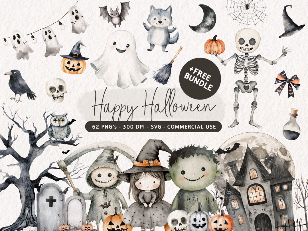 Cute Halloween Clipart Bundle, Watercolor Happy Halloween Clip Art ...