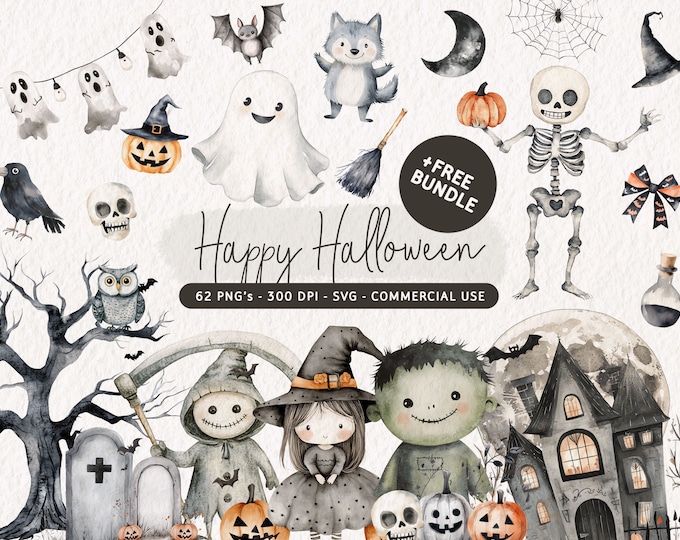 Cute Halloween Clipart Bundle, Watercolor Happy Halloween Clip Art ...