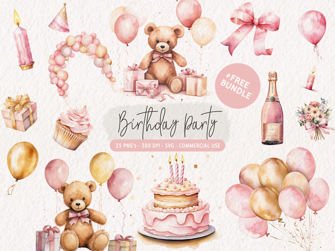 Pink Birthday Clipart Bundle, Watercolor Birthday Party Clip Art, Happy ...