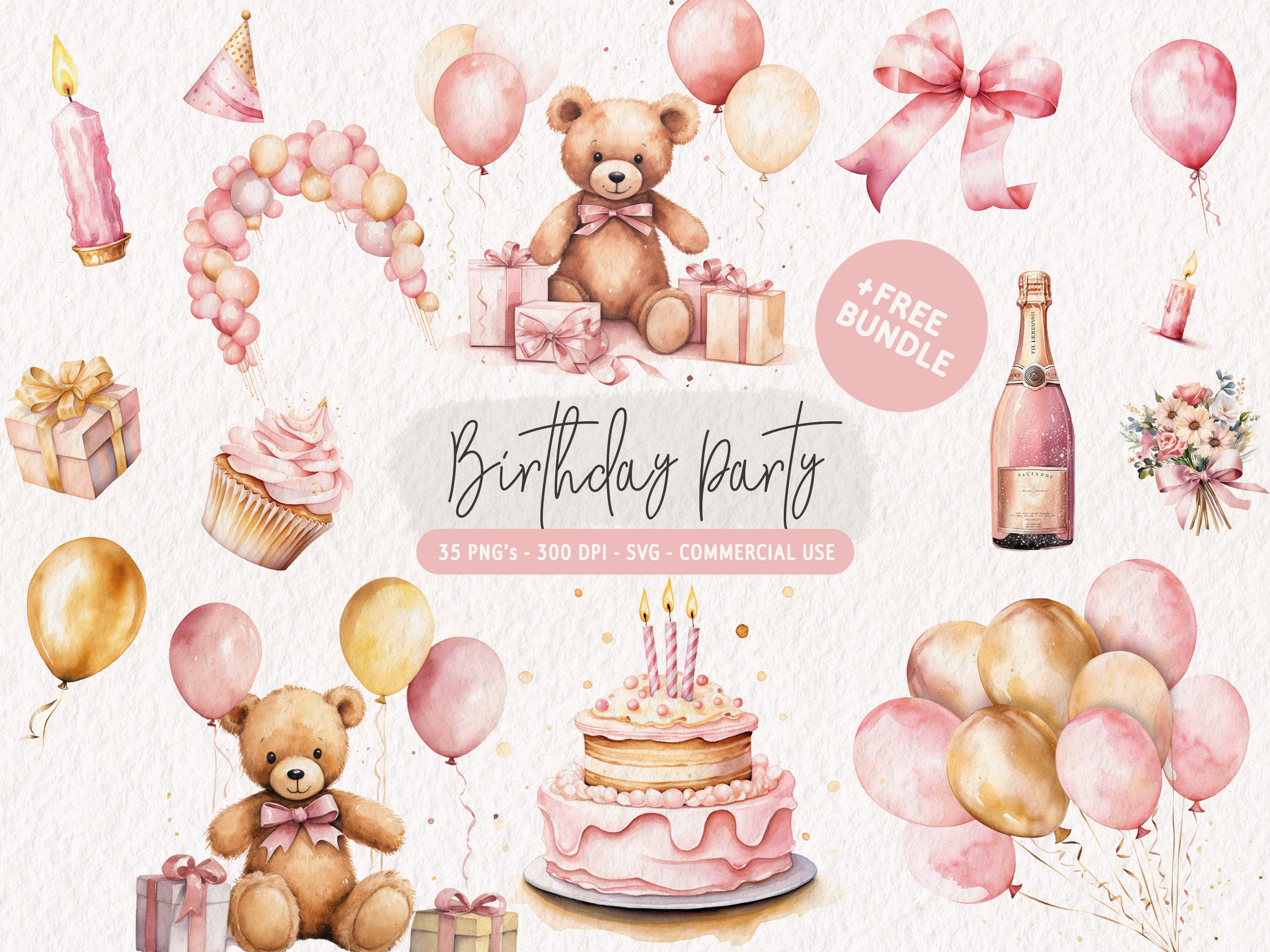 Pink Birthday Clipart Bundle, Watercolor Birthday Party Clip Art, Happy ...