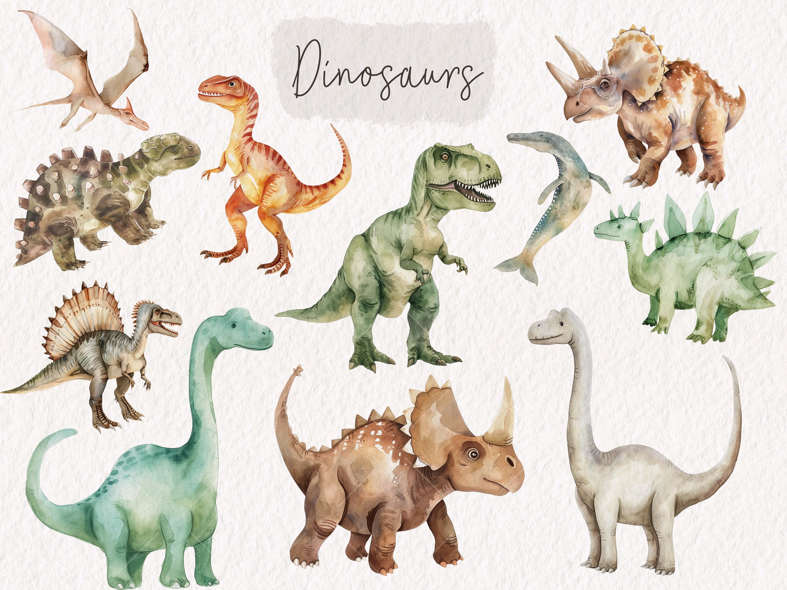 Watercolor Dinosaur Clipart Bundle, Cute Dino Clip Art, Dinosaur ...