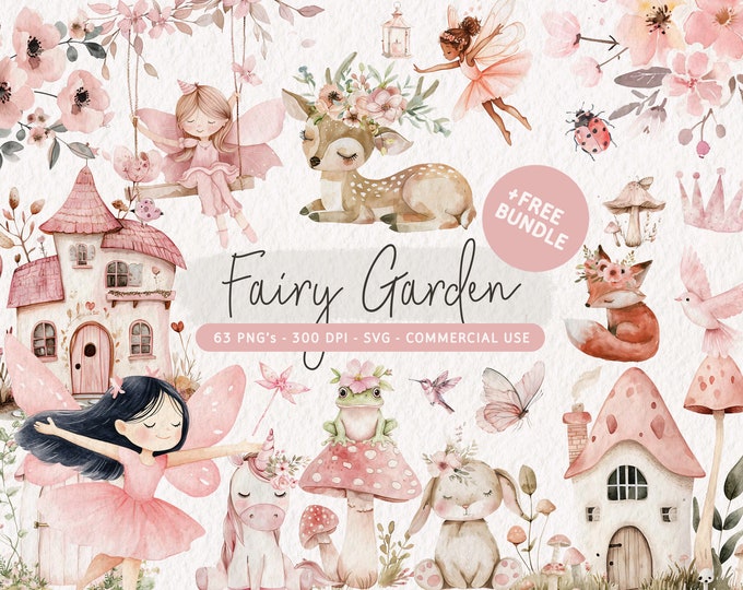 Watercolor Fairy Clipart Bundle, Cute Fairy PNG, Pink Fairy Garden ...