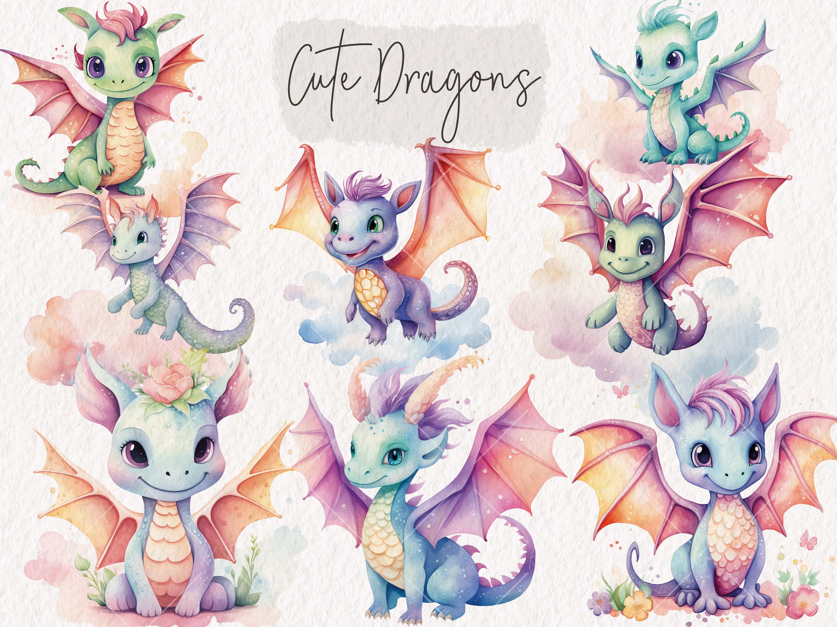 Watercolor Dragon Clipart Bundle, Pastel Dragon Clip Art Set, Fantasy ...