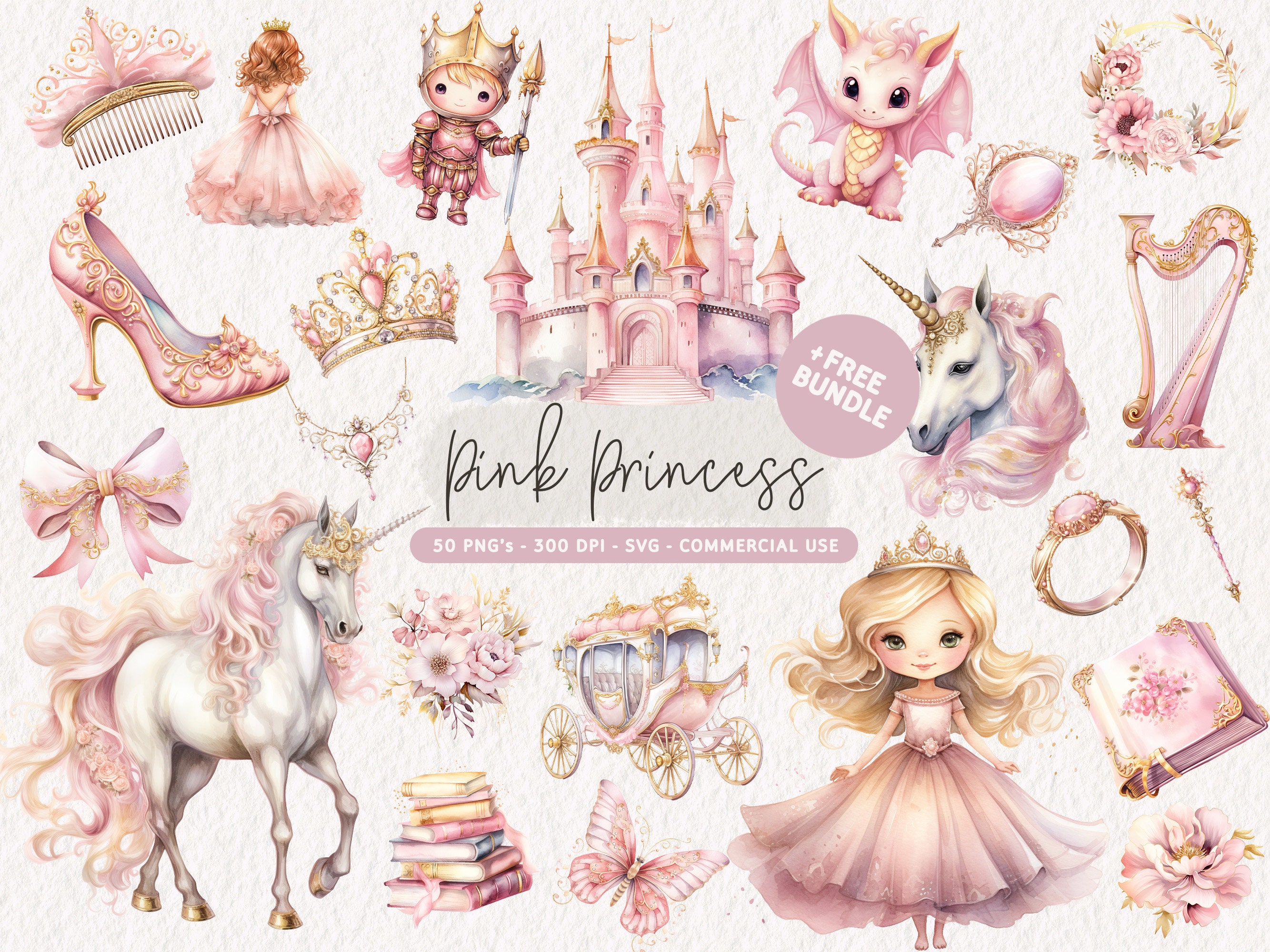 Pink Princess Clipart Bundle, Watercolor Princess Clip Art Set, Fantasy ...