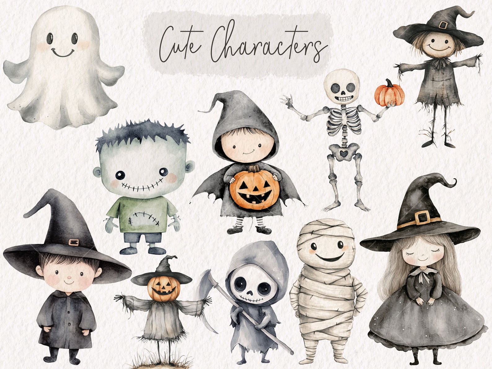 Cute Halloween Clipart Bundle, Watercolor Happy Halloween Clip Art ...