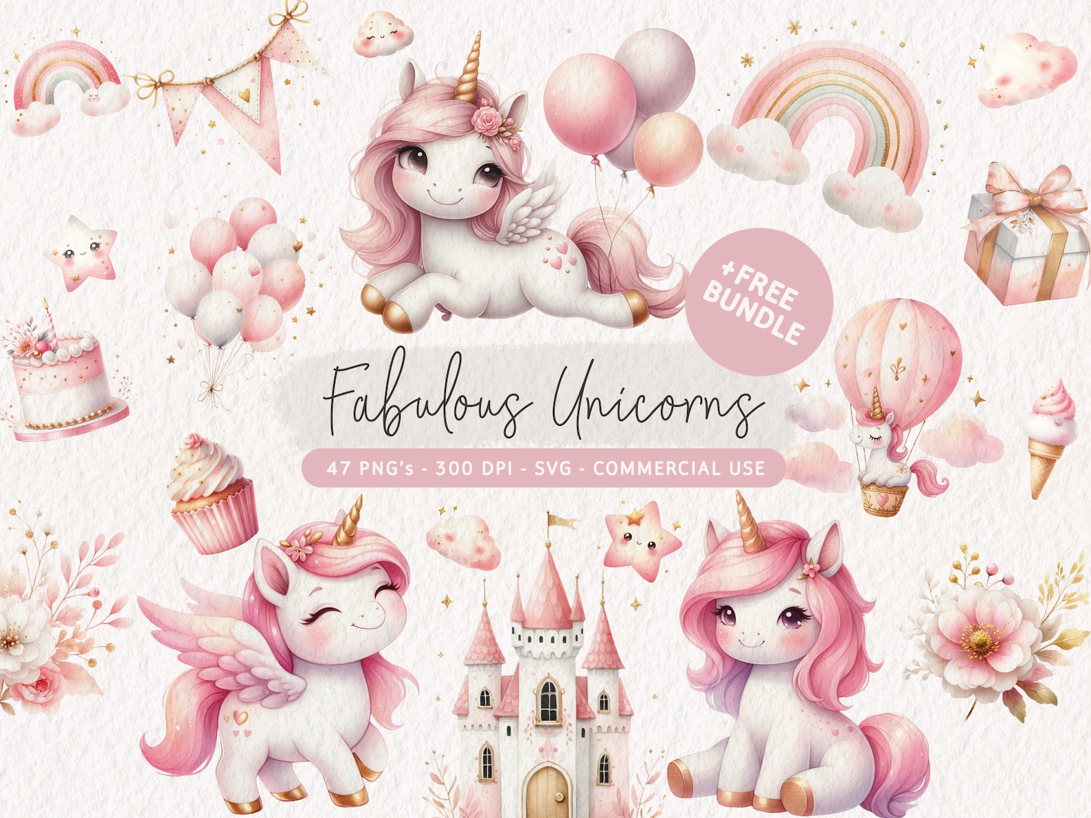 Pink Unicorn Clipart Bundle, Cute Unicorn PNG, Unicorn Birthday Party ...