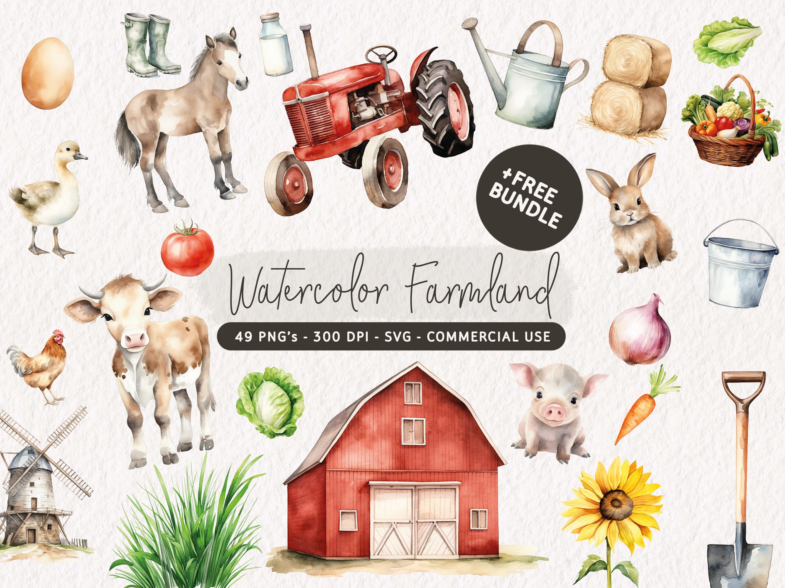 Watercolor Farm Clipart Bundle, Cute Farm Animals PNG, Farm PNG, Farm ...