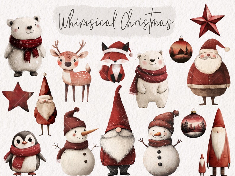 Watercolor Whimsical Christmas Clipart, Cute Christmas PNG, Santa SVG ...