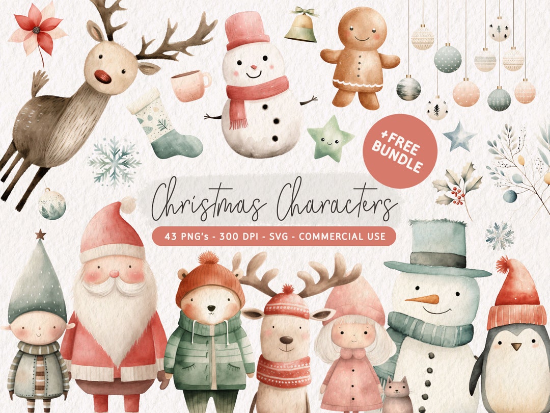 Cute Christmas Characters Clipart, Watercolor Christmas Clip Art Bundle ...