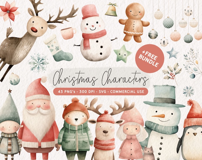 Cute Christmas Characters Clipart, Watercolor Christmas Clip Art Bundle ...