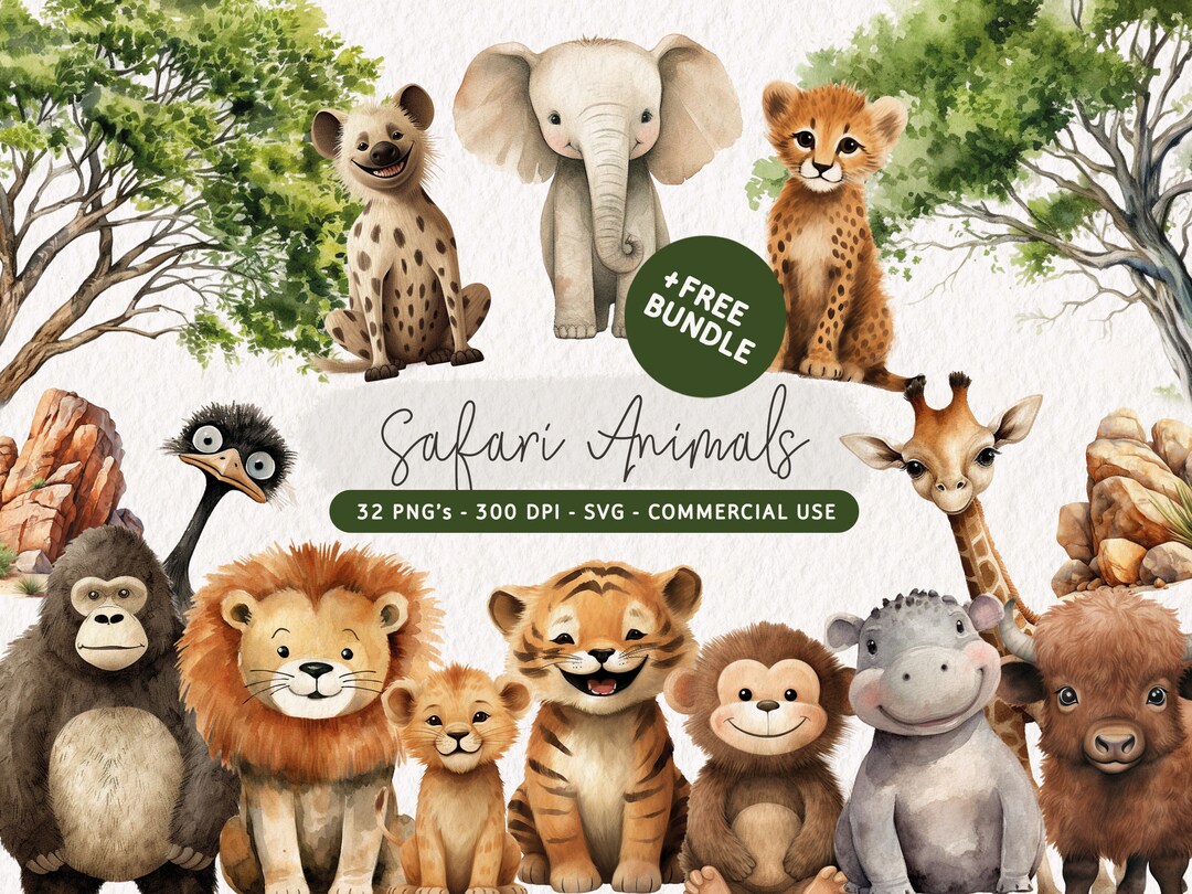 Watercolor Safari Animals Clipart Bundle, Cute Safari Animals PNG ...