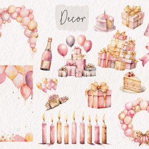 Pink Birthday Clipart Bundle, Watercolor Birthday Party Clip Art, Happy ...