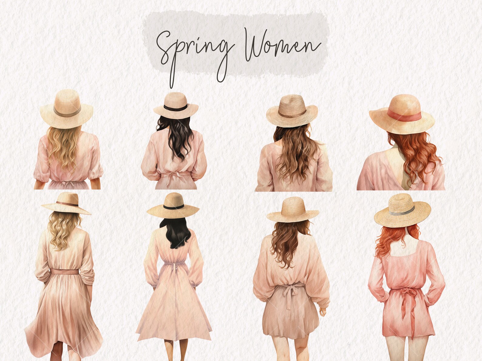 Pink Spring Clipart Bundle, Watercolor Spring Clip Art Set, Spring PNG ...