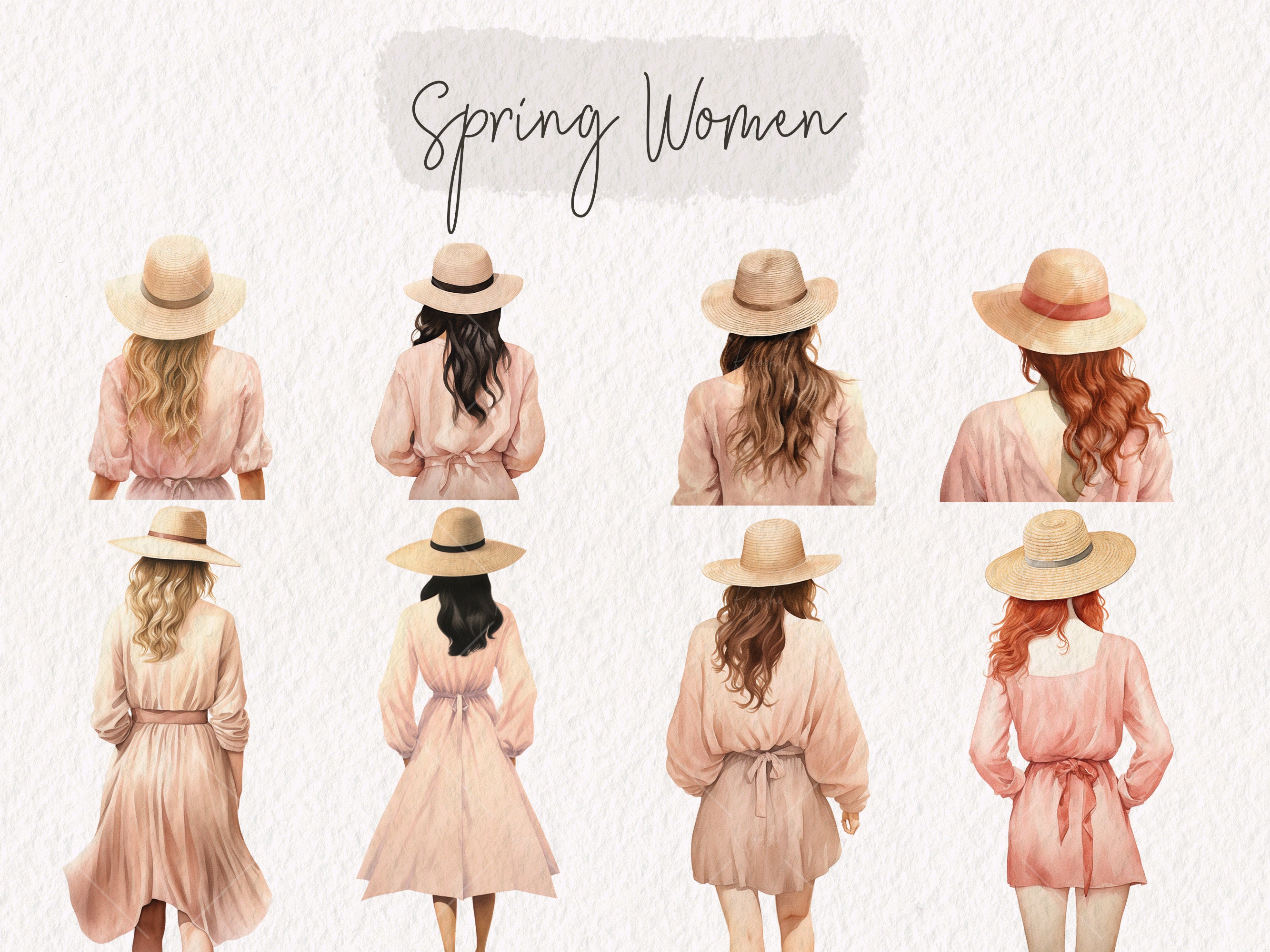 Pink Spring Clipart Bundle, Watercolor Spring Clip Art Set, Spring PNG ...