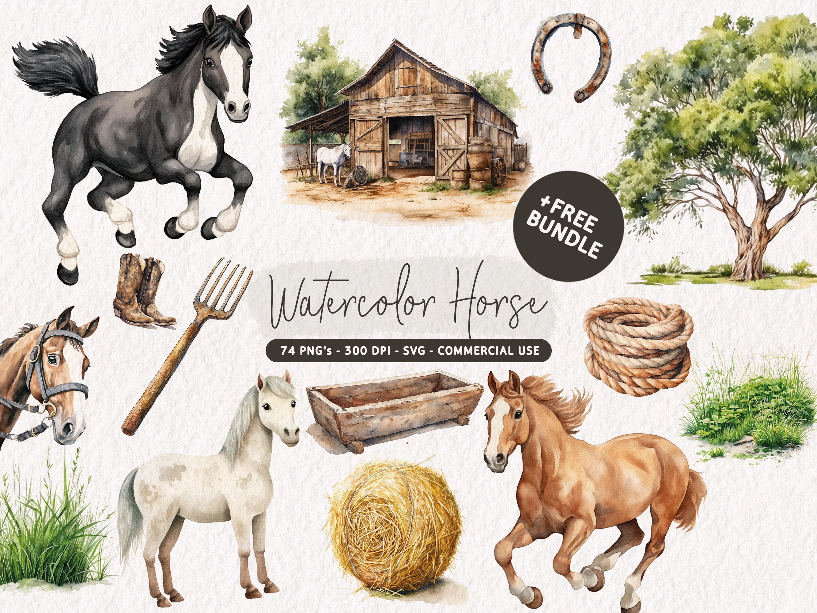 Watercolor Horse Clipart Bundle, Cute Horse Clip Art Set, Horse PNG ...