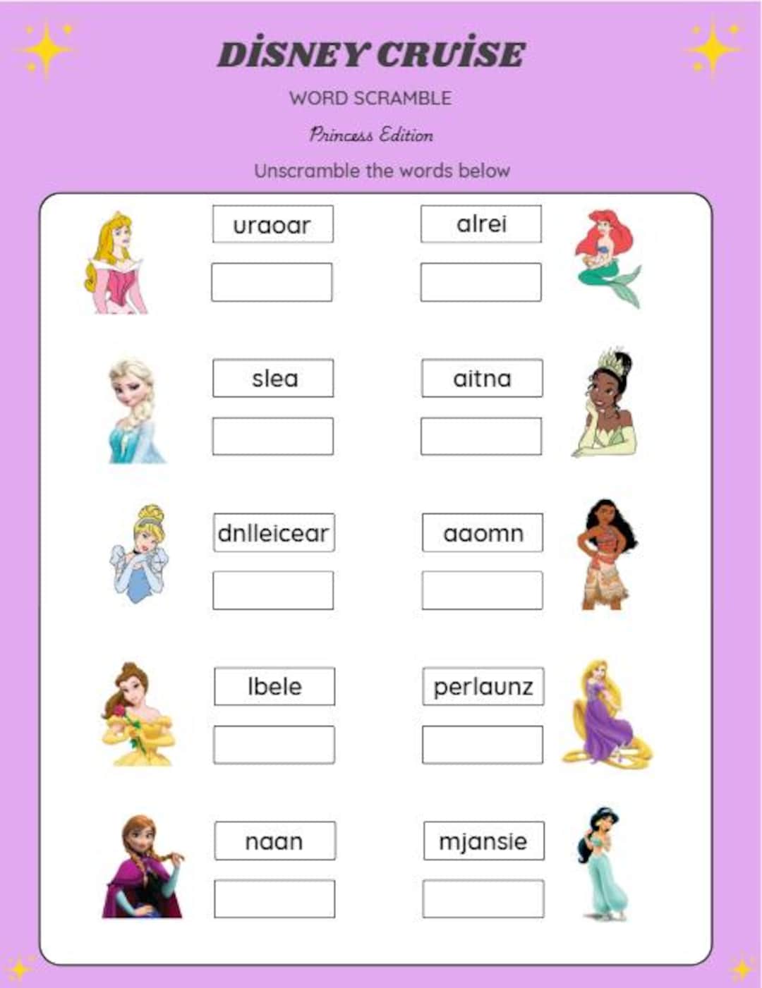 Disney Cruise Kids Word Scramble (princess Edition) Digital Download ...