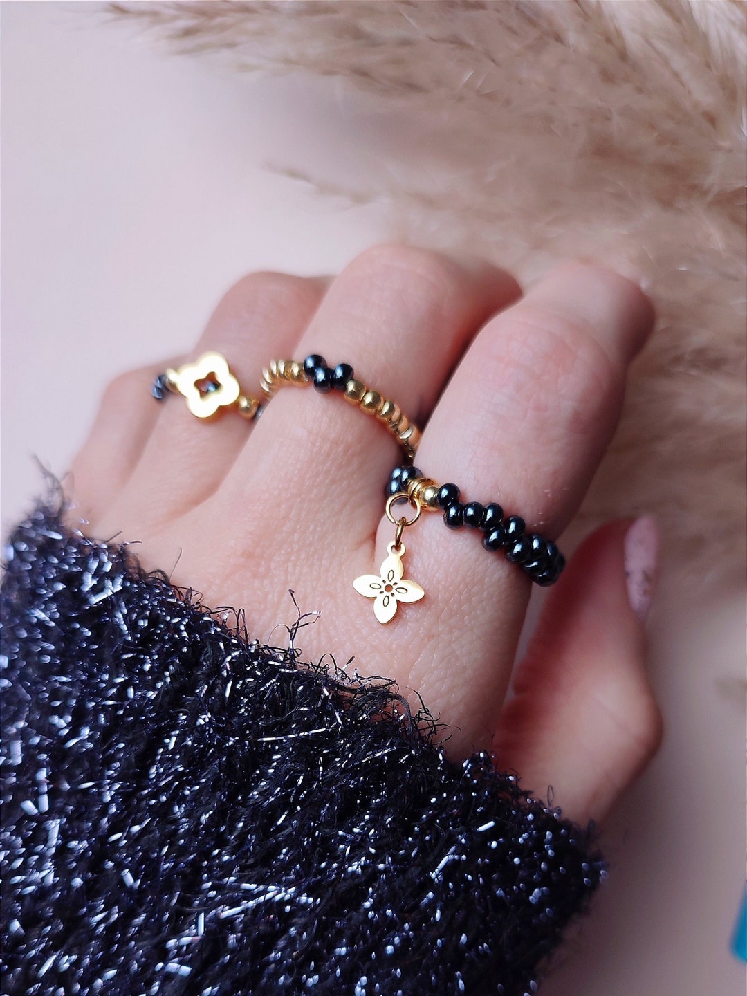 GOLD Trio of Mix&match Beaded Rings, Beaded Ring With Charm, Rings of ...
