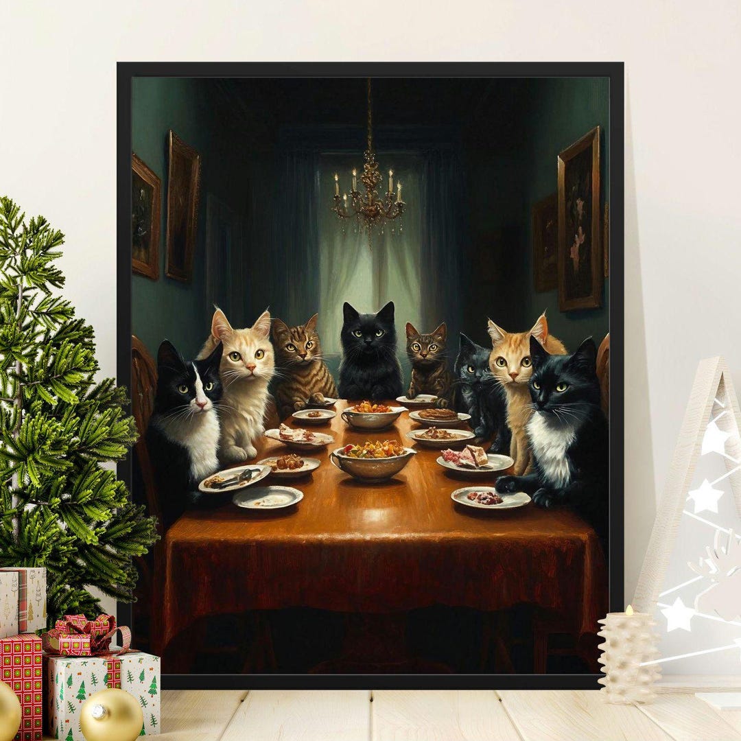 Cat Dinner Party Wall Art, Funny Cat Print for Kitchen, Dining Room Decor, Black Cat Poster ...