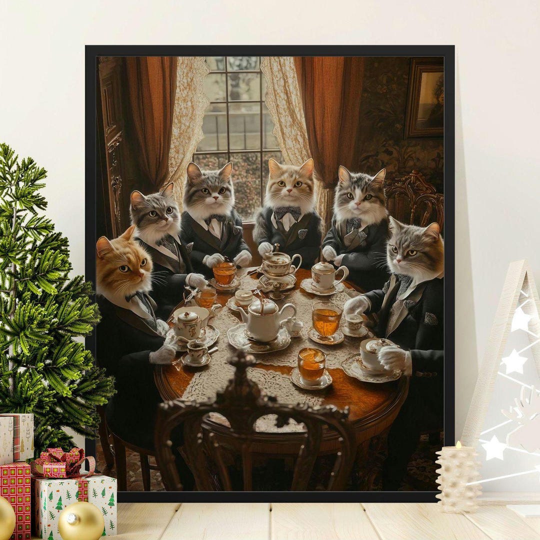 Victorian Cats Tea Party Wall Art, Feline Friends in Suits, Whimsical ...