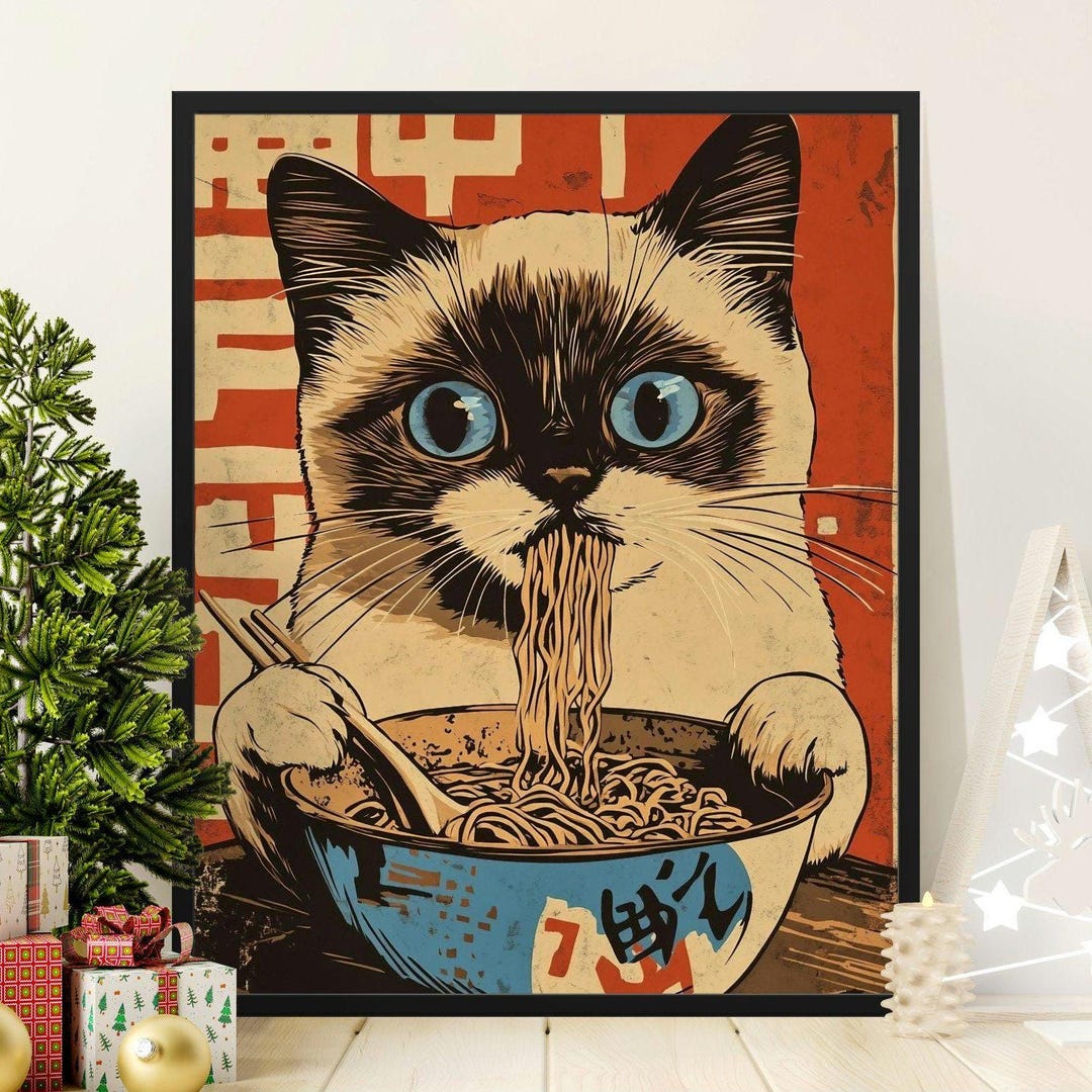 Vintage Cat Eating Noodles Poster, Retro Wall Art, Cat Kitchen Decor ...