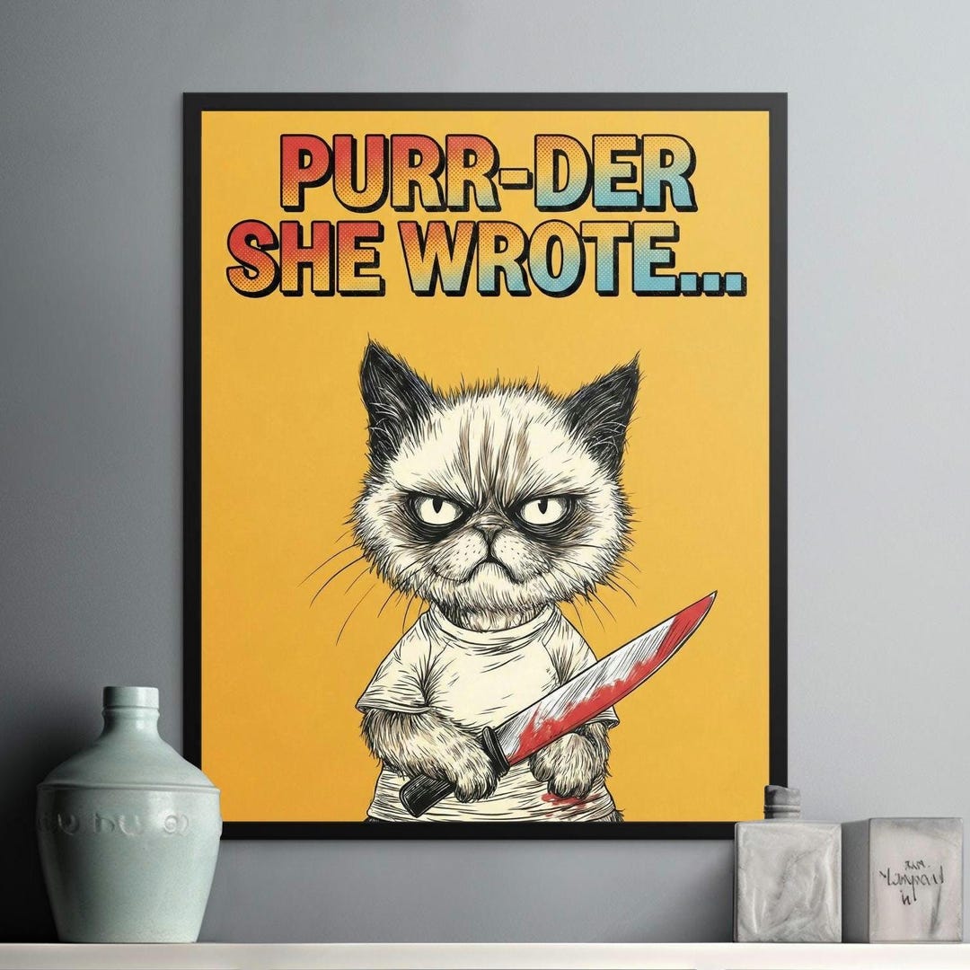 Purr-der She Wrote Poster, Custom Cat Canvas, Funny Grumpy Cat Art ...