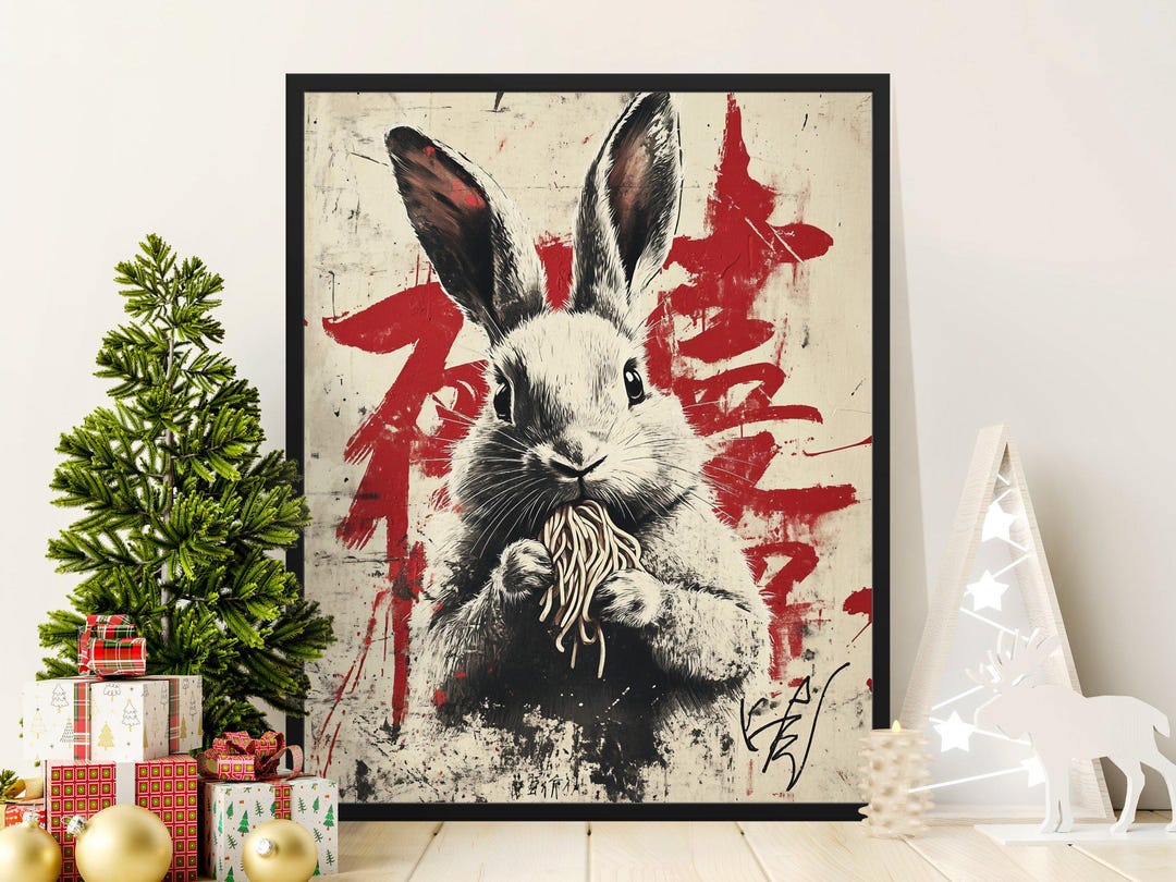 Cute Rabbit Eating Spaghetti Poster, Unique Animal Art Print, Rabbit ...