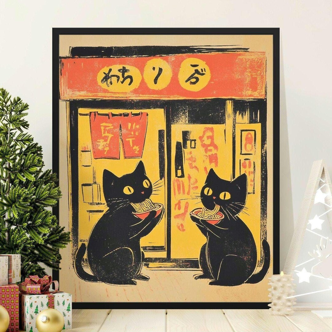 Black Cat Ramen Poster, Japanese Art Print, Feline Noodle Shop Wall Art ...