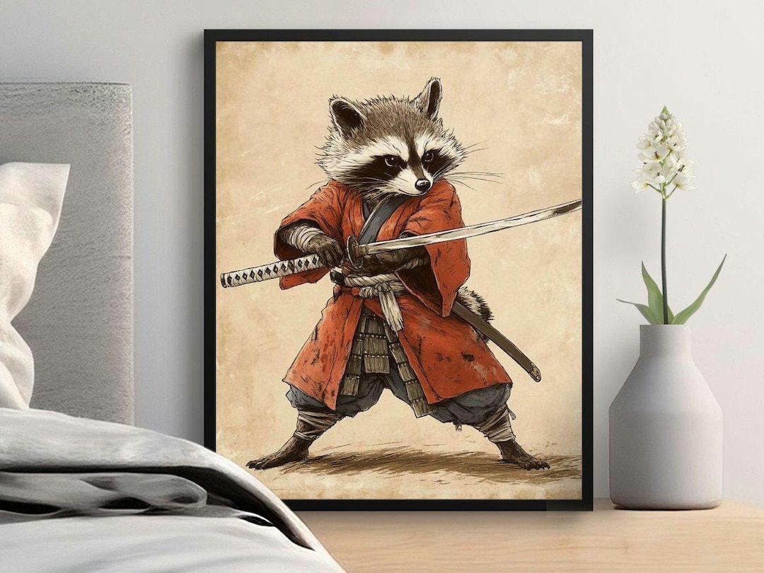 Samurai Raccoon Poster, Cute Raccoon Samurai Art Print, Unique Japanese ...