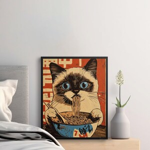 Vintage Cat Eating Noodles Poster, Retro Wall Art, Cat Kitchen Decor ...